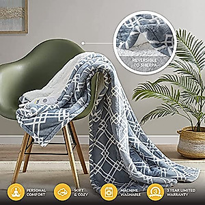 Serta Pace Reversible Ogee Plush to Sherpa Throw Ultra Soft Knitted Electric Blanket,Cozy and Snuggly Cover for Cold Weather, Auto Shut Off, Multi Heat Setting Controller, 50"x60", Dusty Blue Geo