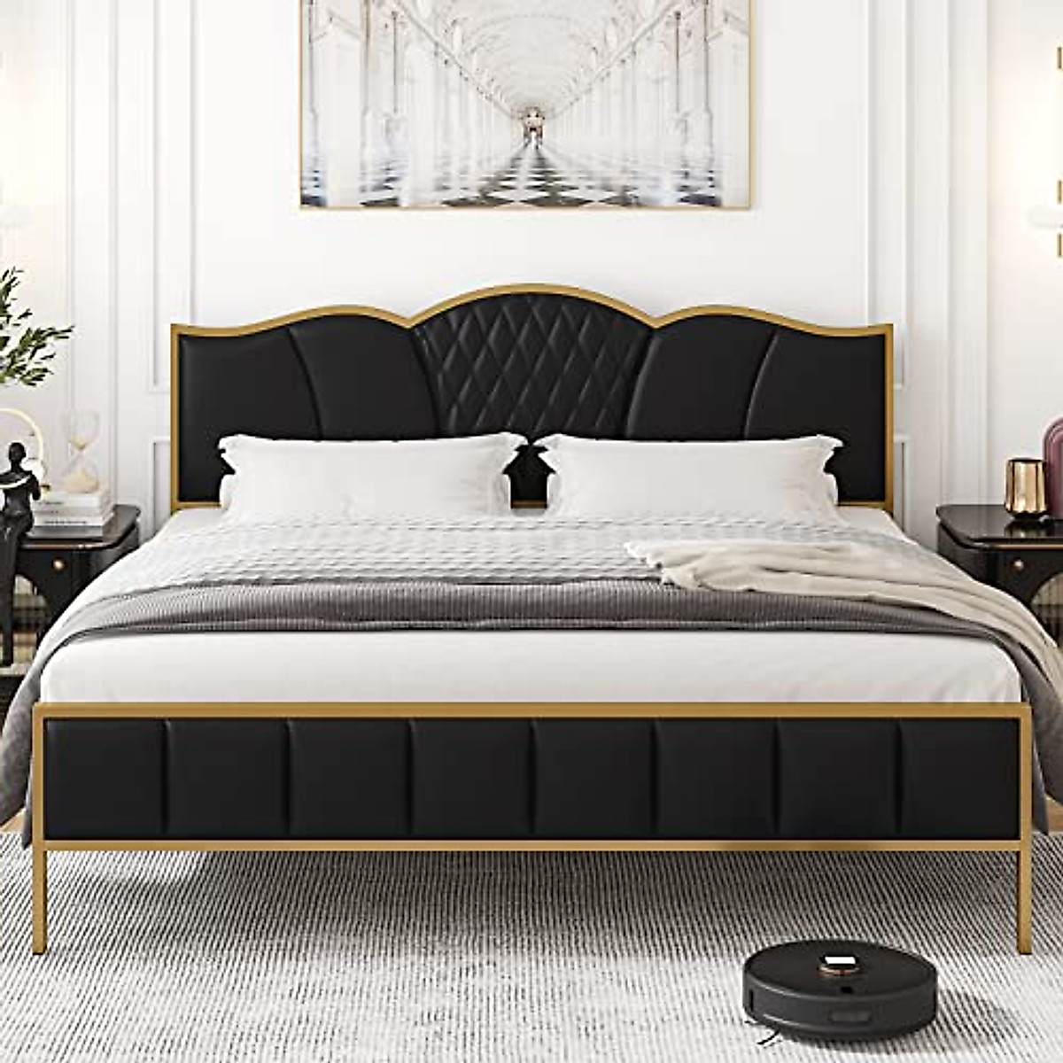 HITHOS King Size Bed Frame, Modern Upholstered PU Bed Frame with Tufted Headboard, Heavy Duty Platform Bed with Wood Slat Support, Noise Free, No Box Spring Needed (Black, King)