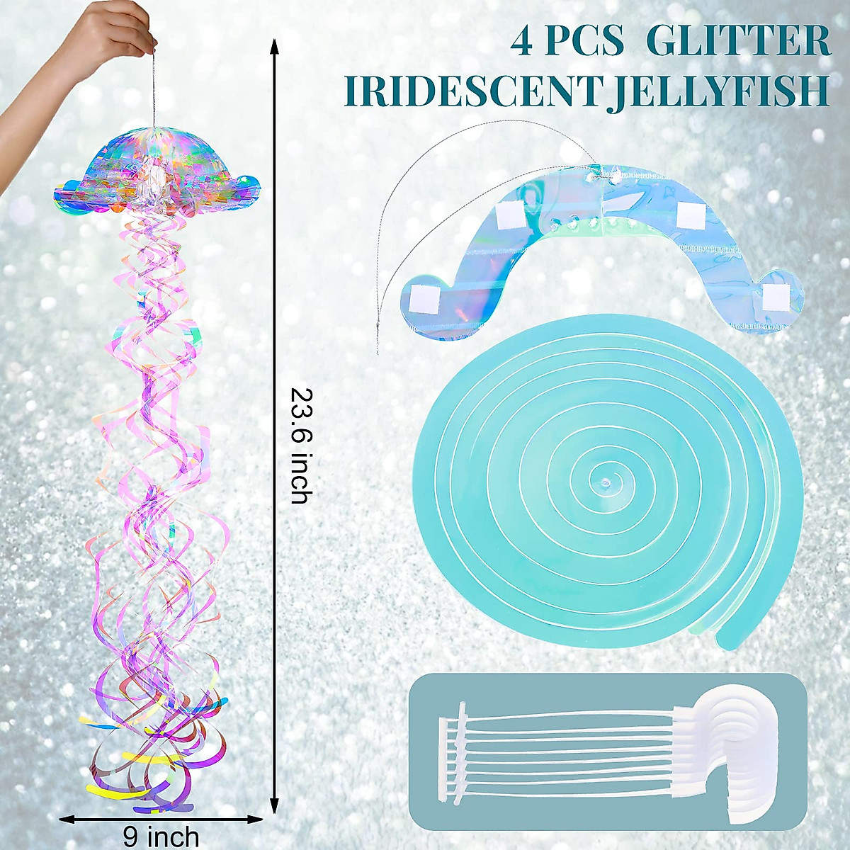 6 Pcs Under Sea Mermaid Party Decoration, Include Glitter Iridescent Jellyfish Decor, Light Blue Metallic Tinsel Foil Fringe Curtains Backdrop for Ocean Theme Birthday Party