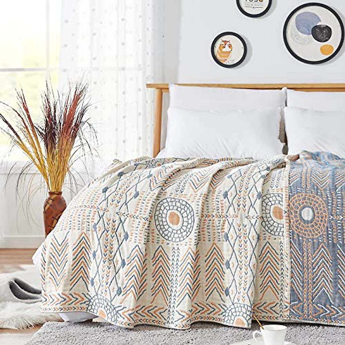 COLLACT Boho Throw Blanket for Couch Cotton Sofa Jacquard Coverlet Orange Throw Blankets for Bed Bohemian Geometric Throws Soft Cozy Quilted Blanket Year Round 60x80 Inch Orange