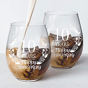 Perfectinsoy 10 Years Happy Anniversary Wine Glass Set of 2, 10th Anniversary Wedding Gift For Mom, Dad, Soulmate, Couple, Funny Vintage Unique Personalized, 10 Years Gifts, Happy 10th Anniversary