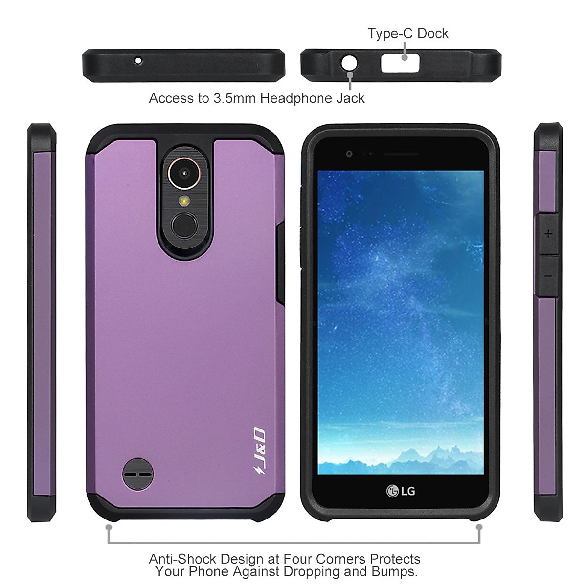 J&D Case Compatible for LG K20 V/ K20 Plus/Harmony/ K10 2017 / V5 / Grace, Heavy Duty Dual Layer Hybrid Shockproof Protective Rugged Bumper, Purple