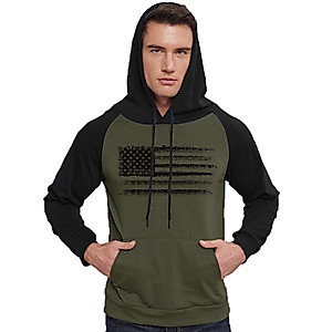 H HYFOL Men's Sweatshirt USA FLAG Patriotic Graphic Polyester Hoodies for Men Pocket Raglan Long Sleeve Sweatshirts(Olive Green,L)