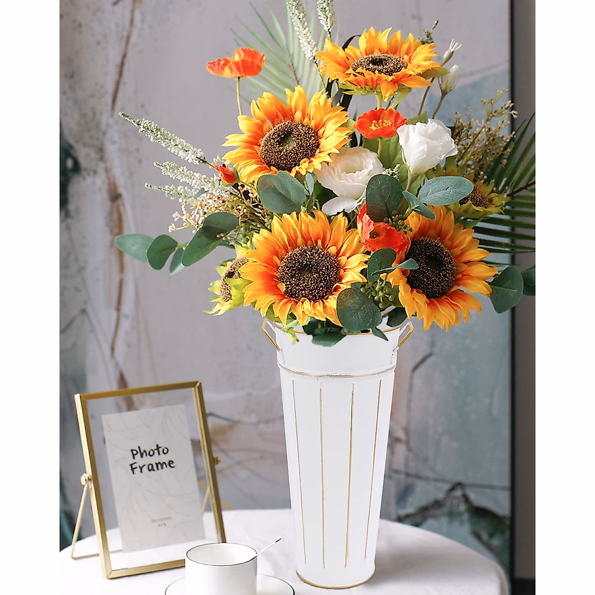 AULESET Galvanized Vase 12" Metal Flower Bucket Tin Vases for Home Decor,Farmhouse,Set of 4,White