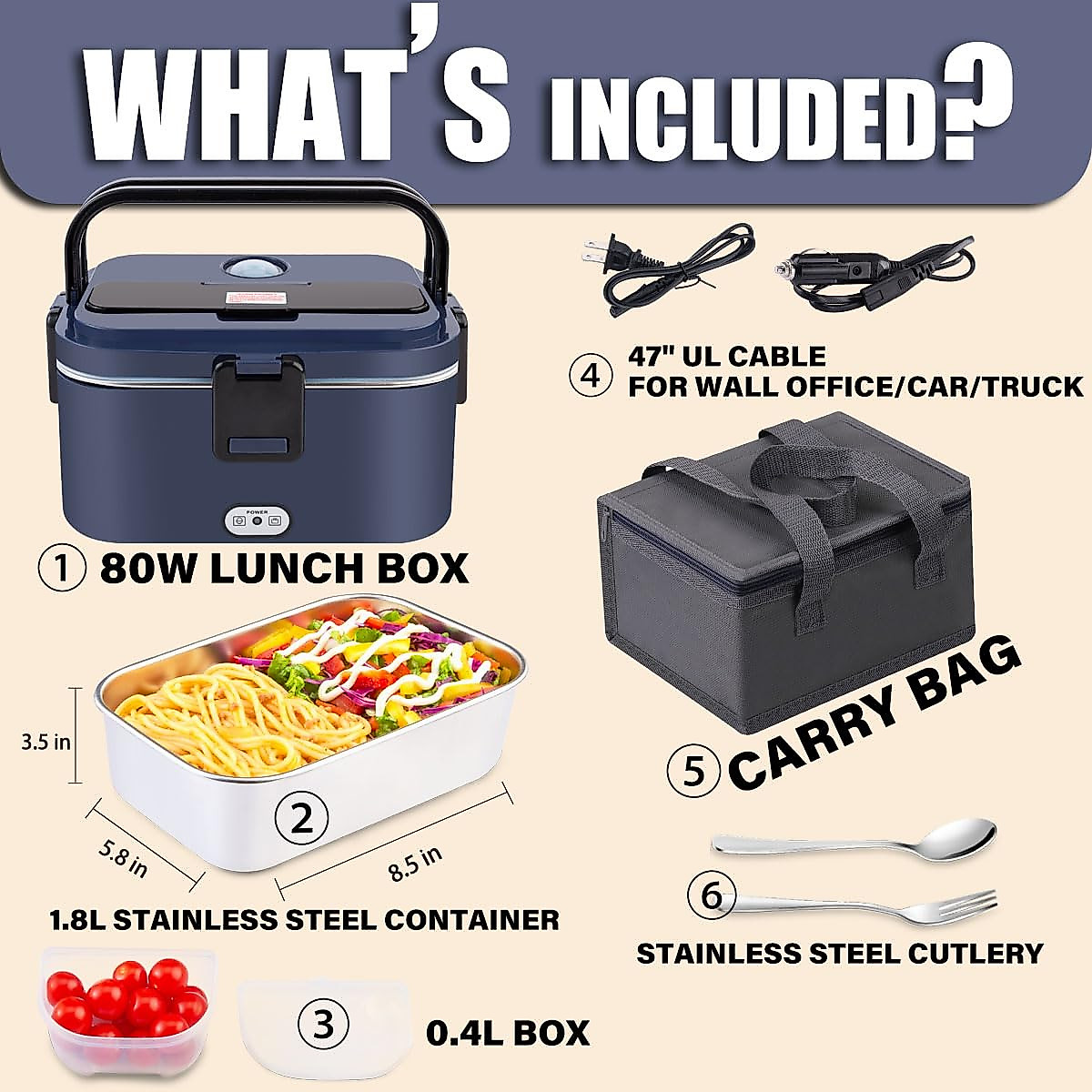 Nifogo Electric Lunch Box for Adults 80W 1.8L, Faster Heated Lunch Boxes for Men, Electric Lunch Box Food Heater Portable 12/24/110V Heating Lunch Box for Work/Car/Truck with Bag