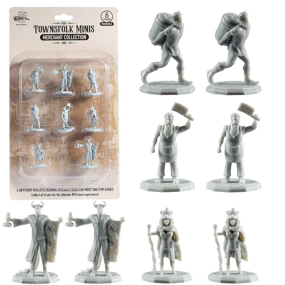 Monster Townsfolk Mini Fantasy Figures - 8pc Merchant Non Player Character NPC Miniatures - 1" Hex-Sized Compatible with DND Dungeons and Dragons, Pathfinder and All RPG Tabletop Games