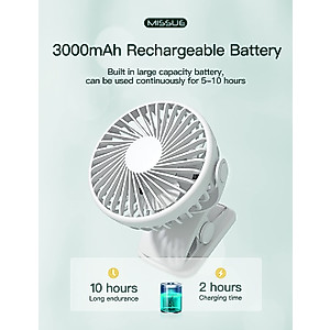 MISSUE Clip On Desk Fan, Baby Safe Stroller Fan, USB & Battery Operated Fan with 3 Speed for Men, Women, 3000 mAh Rechargeable Battery Include
