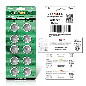 【5-Year Warranty】SURPOWER CR1225 3V Battery for Thermometer CR 1225 -10 Pack