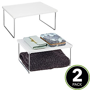 mDesign Metal Stacking Storage Organization for Shelves Inside Closet in Bedroom, Bathroom, Hall, or Entryway - Organizer Stand for Clothing, Linen, Household Items, Ligne Collection, 2 Pack, White