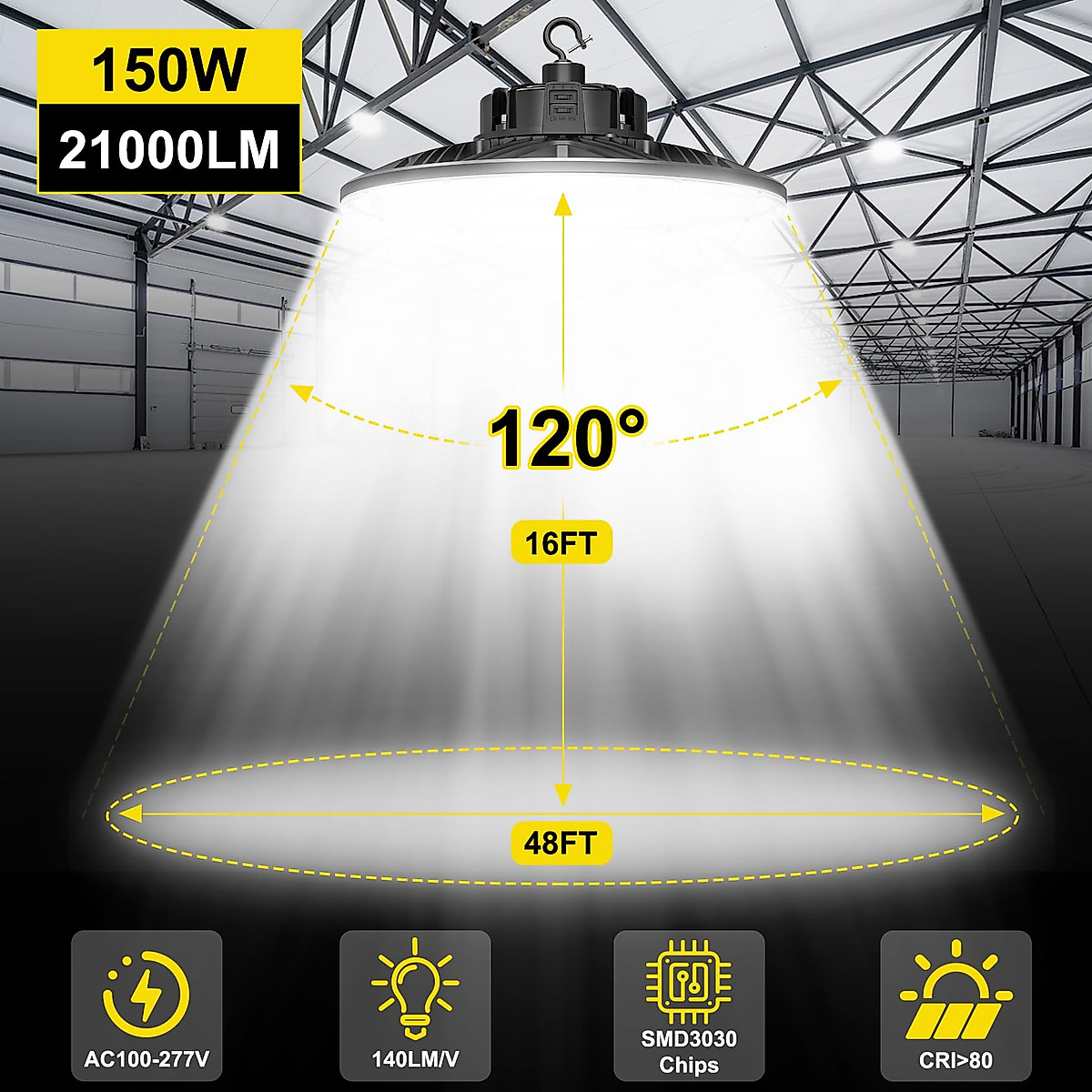 ADUB UFO LED High Bay Light 150W 100W 80W Adjustable, UL Listed High Bay LED Shop Light 3000K 4000K 5000K, IP65 Commercial Dimmable LED Low Bay Lights for Garage Gym Warehouse Lighting, 100-277V