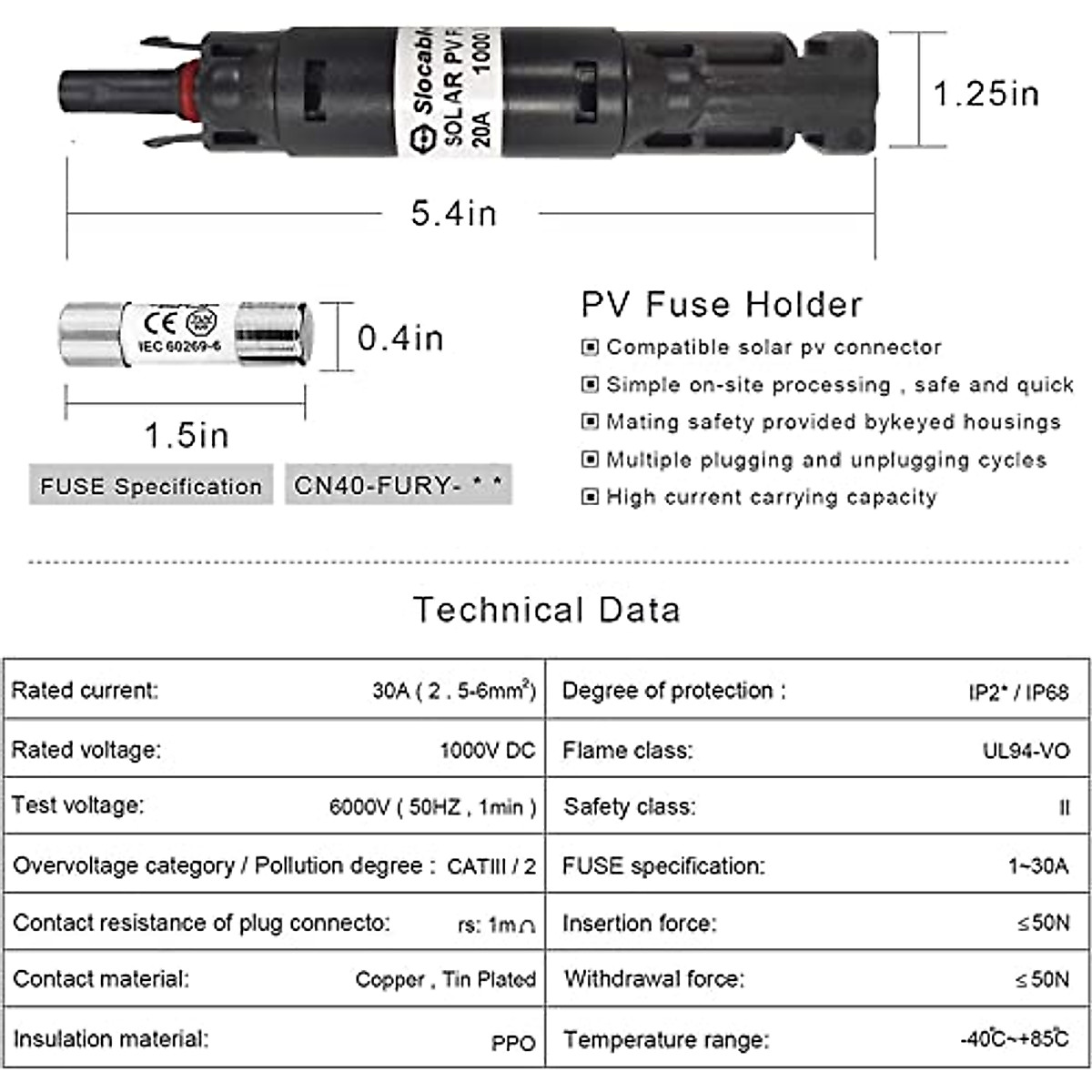 Solar Odyssey MC 20A Pack of 4 Solar Fuse Holder Connector with Single Fuse 1000V in-line Waterproof Fuse Holder IP68 Male and Female Controller for Solar Panel and Inverter in PV System