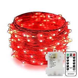 ErChen Battery Operated Silver Copper Wire Led String Lights, 33FT 100 Leds 8 Modes dimmable Waterproof Fairy Lights with Remote Control Timer for Indoor Outdoor Wedding Bedroom (Red)