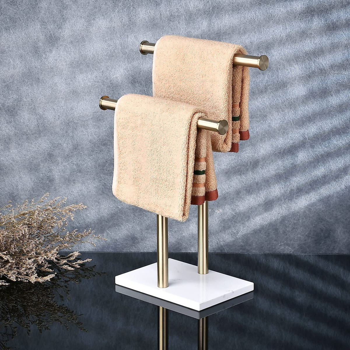 Gold Countertop Towel Rack T-Shape Towel Stand with Marble Base, Hand Towel Holder Stand for Bathroom, Kitchen,Beelee