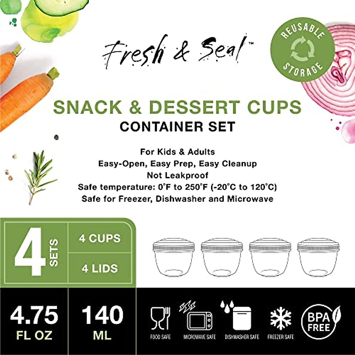 Snack Containers (4 Set) - 4.75 Oz Small Food Storage Cups with Lids - Fruit, Nuts, Sauce, Condiments, Salad Container for Lunch Box - Reusable Dessert Cups, Microwave and Freezer Friendly, BPA-free (S/4 Multi)