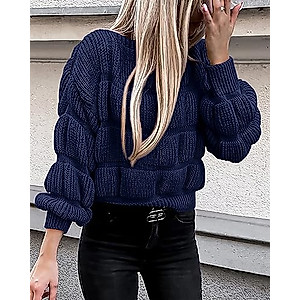 PRETTYGARDEN Women's 2024 Fall Sweaters Casual Crew Neck Pullover Long Puff Sleeve Loose Plain Chunky Knit Cute Blouse Tops (Navy,Large)
