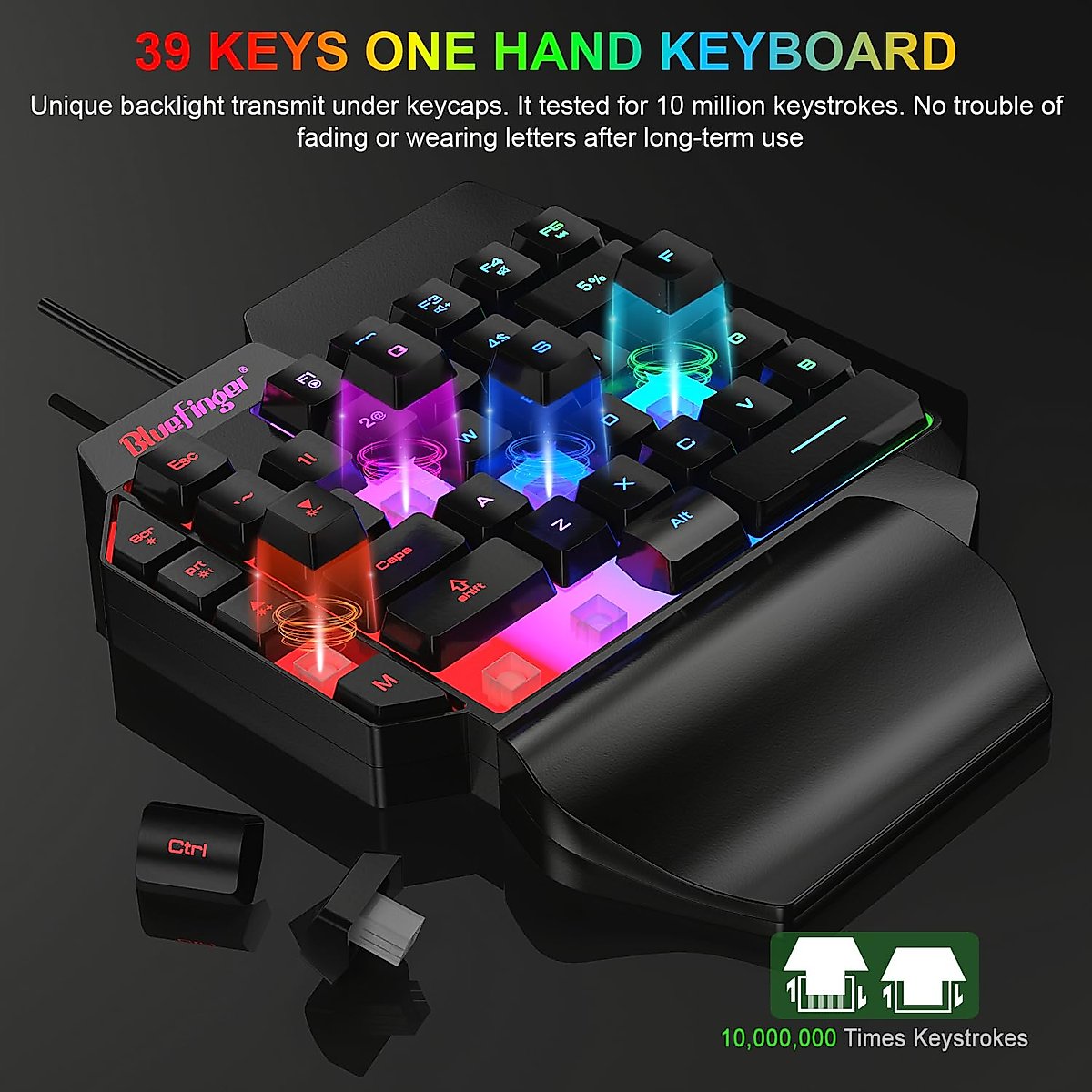 One Hand RGB Gaming Keyboard,USB Wired Rainbow Letters Glow Single Hand Keyboard with Wrist Rest Support Multimedia Keys, Backlit Ergonomic Mechanical Feeling Keyboard for Game