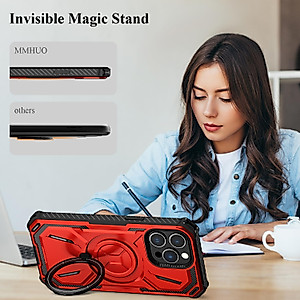 MMHUO 360°Rotatable Magnetic Ring for iPhone 14 Pro Max Case with Invisible Stand,[Compatible with MagSafe] Military Grade Drop Tested Heavy Duty Protective Case for iPhone 14 Pro Max,Red