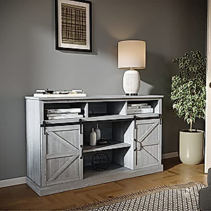 BELLEZE Modern 52 Inch Farmhouse Highboy TV Stand & Media Entertainment Center Console Table for TVs up to 55 Inch with Sliding Barn Door and Storage Cabinets - Parker (Stone Gray)