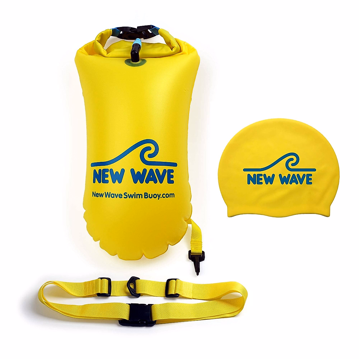 New Wave Swim Buoy & New Wave Swim Cap Bundle - Swim Safety Float and Drybag for Open Water Swimmers Triathletes, Open Water Swim Buoy Float for Safer Swim (PVC 15L Drybag Yellow + Silicone Cap)