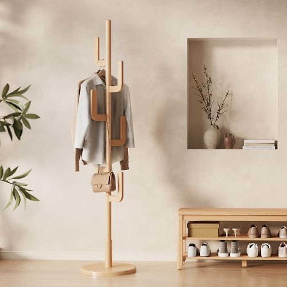 KungFuWood Coat Rack, Solid Wood Cactus Coat Rack Stand, Freestanding Coat Rack with 6 L-shaped Hooks and 3 Adjustable Sizes, Sturdy and Easy to Assemble Coat Tree for Entryway, Bedroom (Natural)