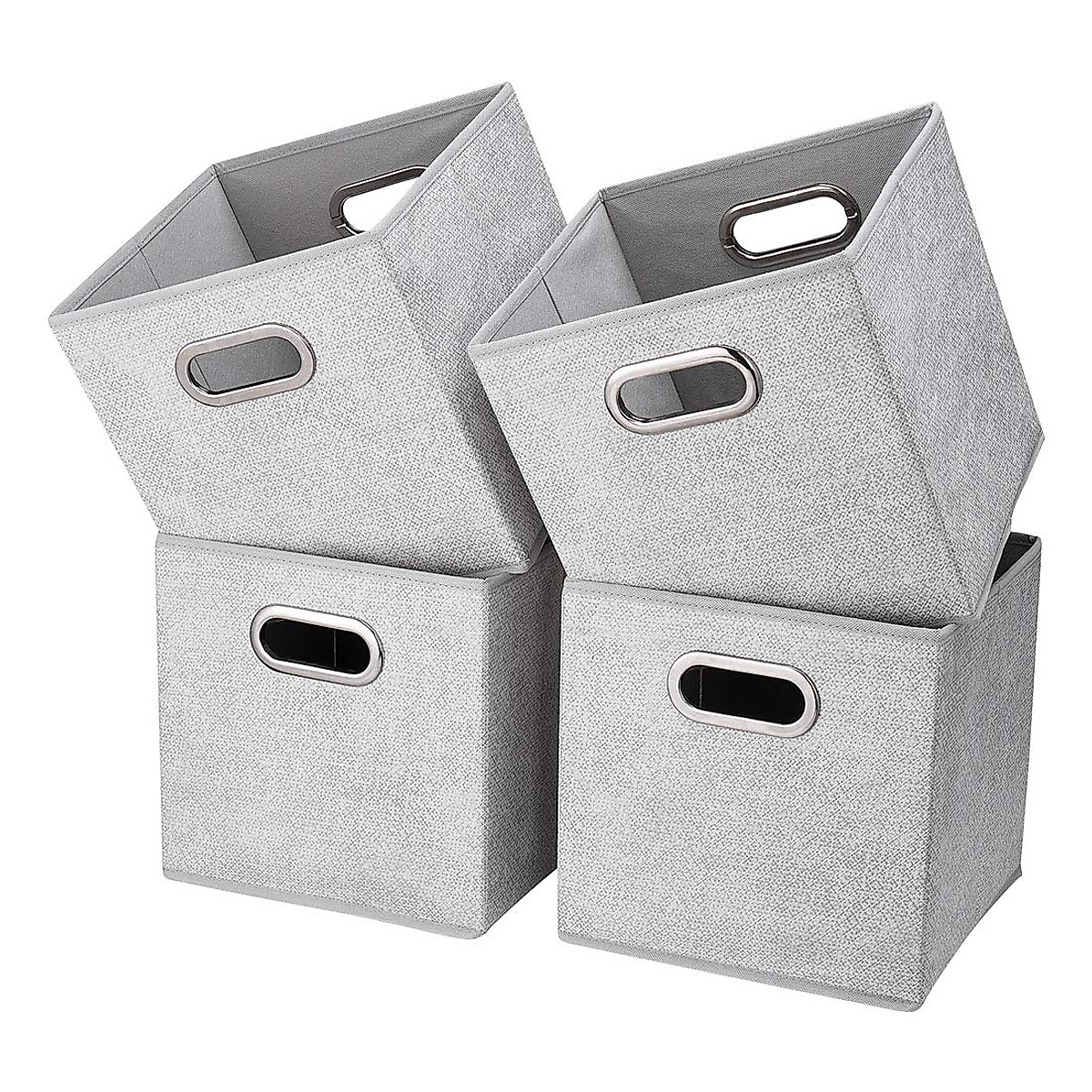 i BKGOO Cloth Storage Bins Set of 4 Thick Fabric Drawers Foldable Cubes Basket Organizer Container with Dual Metal Handles for Shelf Cabinet Bookcase Boxes Grey-White 10.5x10.5x11 inch