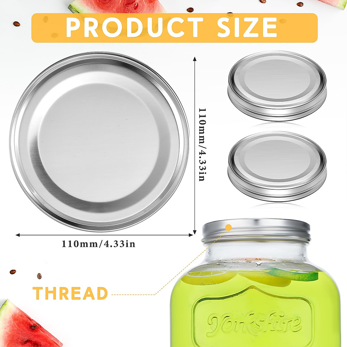 Uiifan 2 Pcs 304 Stainless Steel Replacement Mason Jar Lids Wide Mouth Canning Lids Rust Leakproof Lids Airtight Reusable Lids for Continuous Thread Closure Jar Summer Party(Silver, 110mm, 1 Gallon)