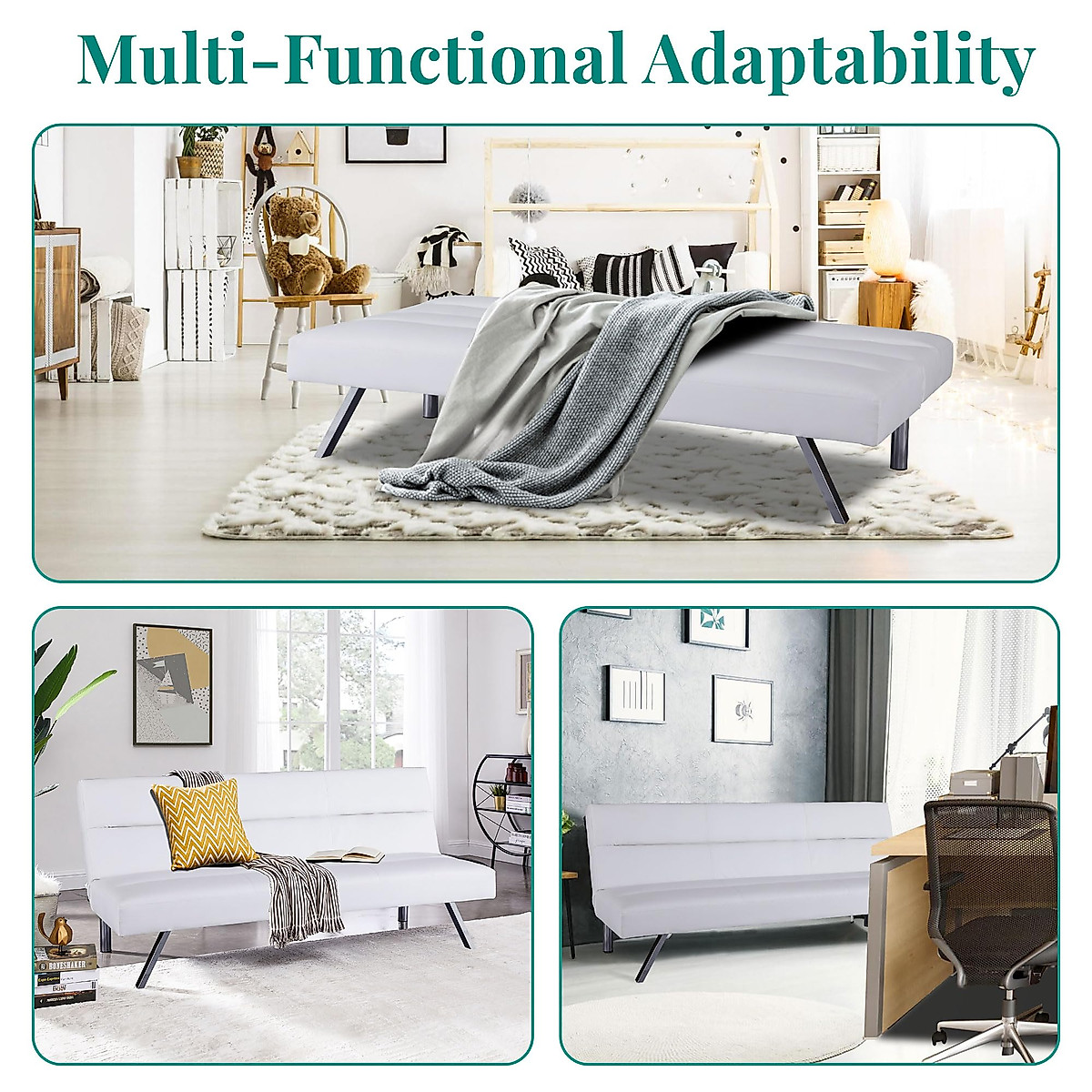 Naomi Home Faux Leather Futon Couch, Modern Convertible Folding Sofa Bed Couch Futon Sofa Bed with Chrome Legs, Reclining Mini Couch, Leather Futon Small Couch for Bedroom Living Room White