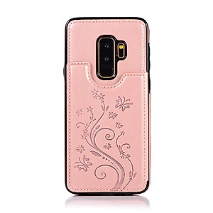 Phone Case for Samsung Galaxy S9 Plus with Tempered Glass Screen Protector and Card Holder Wallet Cover Stand Flip Leather Cell Accessories Glaxay S9+ 9S 9+ S 9 9plus S9plus Cases Women Rose Gold