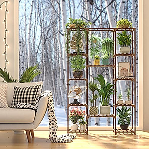 cfmour Wood Plant Stand Indoor Outdoor, 62.2" Tall Flower Shelf Tiered Plant Stands for Multiple Plants Large Planter Holder Hanging Shelves Rack for Living Room Garden Balcony