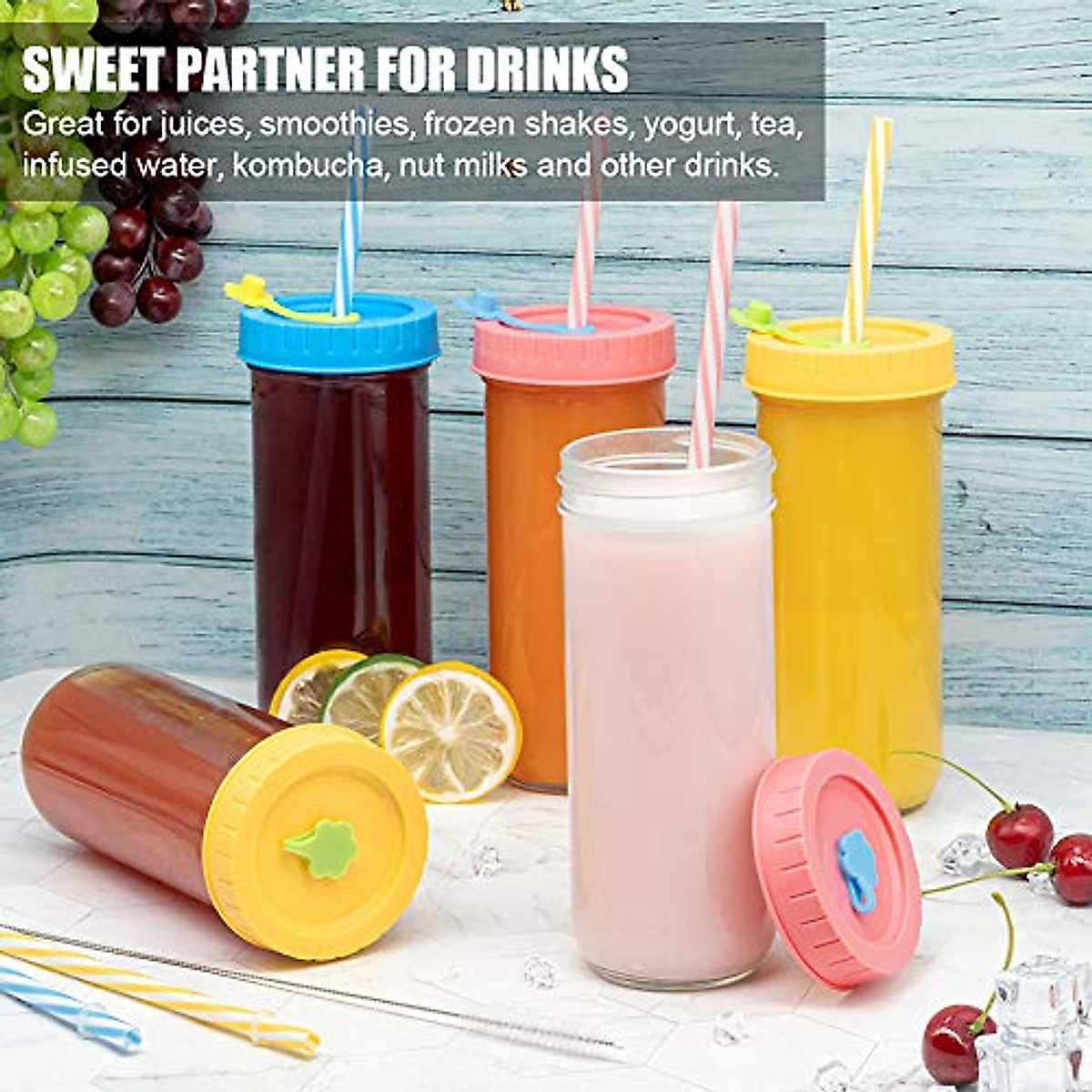 Glass Drinking Bottle Travel Drinking Jars 6 Pack, 16oz Mason Jars Regular Mouth Beverage Bottle with Airtight Lids &Straws, Reusable Water Bottle Skinny Tumbler for Juice/Smoothies,/Kombucha/Tea/Milk