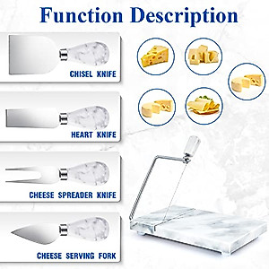 Marble Cheese Slicer 5 x 8 Inch Cheese Cutter and 4 Pcs Cheese Knife with Handle Cheese Heavy Cutter Set for Kitchen Charcuterie Cutting Cheeses, Butter, Meats, Other Appetizers, White