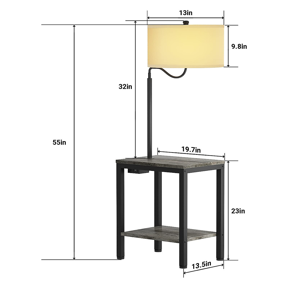 LityMax LED Floor Lamp with Table - End Table with USB Charging Port, Power Outlet, Bedside Nightstand Shelves, Side Table with Reading Standing Light for Living Room, Black Oak, Bulb Included, 2 Pack