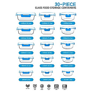 M MCIRCO 30 Pieces Glass Food Storage Containers with Upgraded Snap Locking Lids,Glass Meal Prep Containers Set - Airtight Lunch Containers, Microwave, Oven, Freezer and Dishwasher Friendly, Blue