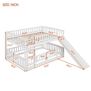 DreamBuck Full Over Full Bunk Bed with Convertible Slide and Ladder, Wood Low Bunk Bed with Fence for Toddler/Kids/Teens, Floor Bunk Bed for Boys/Girls, Space Saving, Easy Assembly, White
