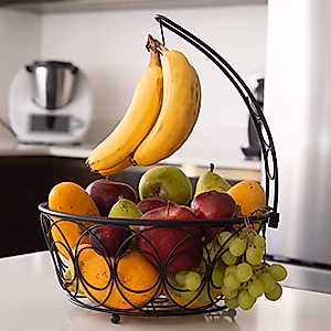 TutiFruti Fruit Bowl With Banana Holder, Fruits on Basket Do No Top Over, Conveniently Balanced, The Size and Color Your Family Expects. (Black Satin), 16X12.