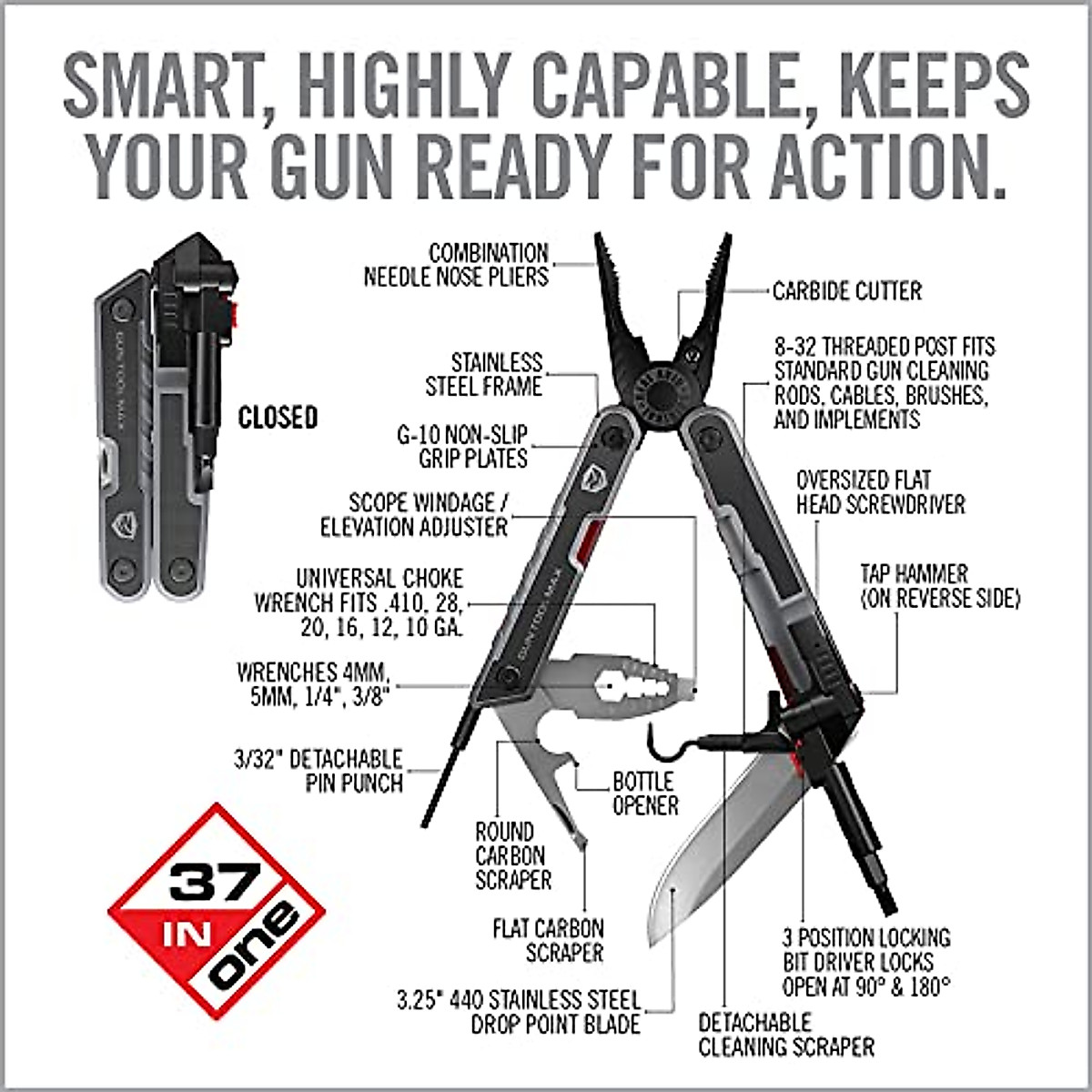 Real Avid Gun Tool Max, 37-in-1 Multitool for Gunsmithing, Includes Pliers, Wire Cutters, Knife Blade, Universal Choke Wrench, Bits, Wrenches & Sheath, Perfect EDC Tool for Hunting & Gun Owners black