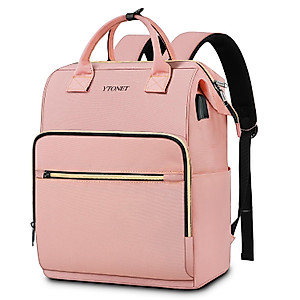 Ytonet Pink Laptop Backpack, 17.3 Inch Carry on Backpack for Women Teacher Nurse with USB Charging Port, Large Travel Carry on RFID Anti-theft Trip Water Resistant Bags for Work/College, Pink