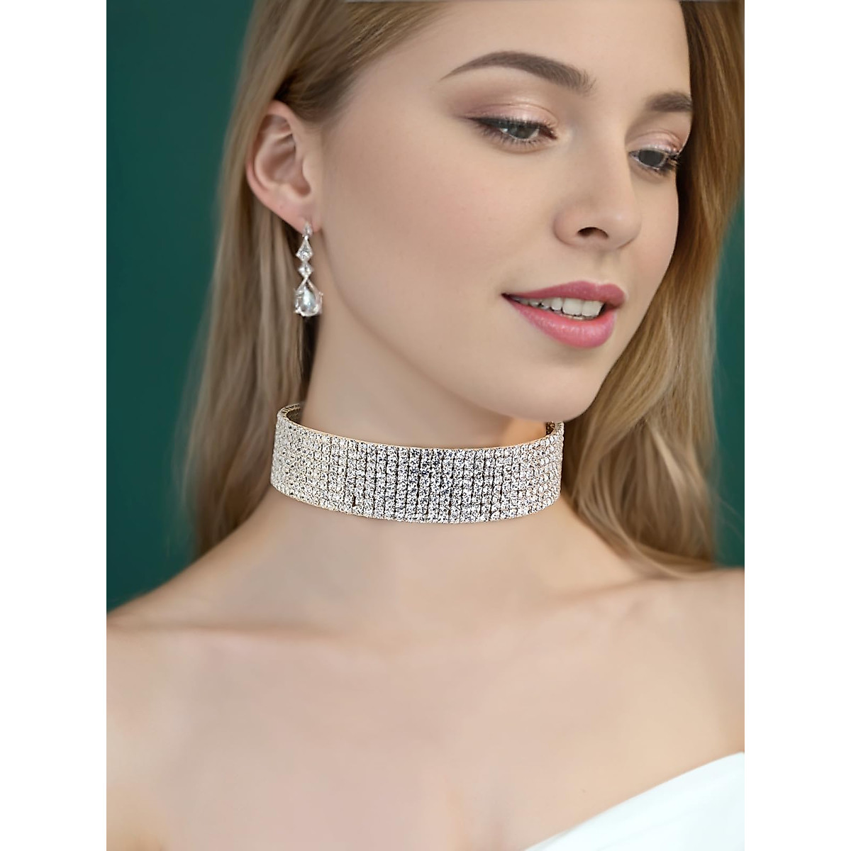Janefashions 8-row Eight Rows Clear White Austrian Rhinestone Crystal Choker Necklace Collar Dance Party Wedding N077s Silver