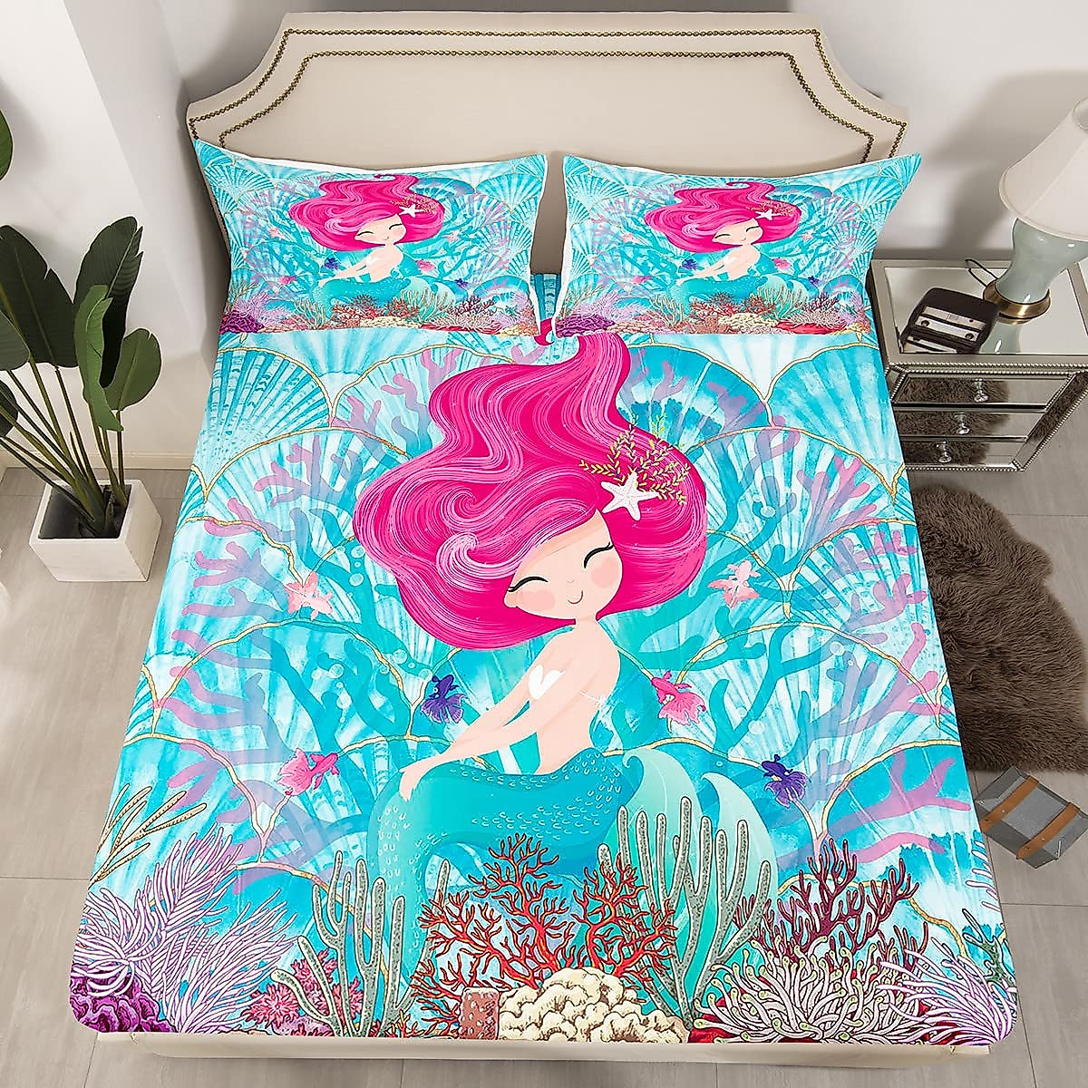 Mermaid Sheet Set Twin,Seaweed Coral Fish Scales Bedding Set for Kids Teens Girls,Underwater Marine Life Sea Blue Dreamy Bed Sheet Set 3pcs with Deep Pocket Fitted Sheet + Flat Sheet + 1 Pillowcase