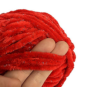 Troyarn Velvet Star Silvery Glitter Chenille Baby Blanket Yarn Amigurumi Yarn for Crocheting and Knitting Super Bulky 100 gr (120 yds) (10408 - Red)