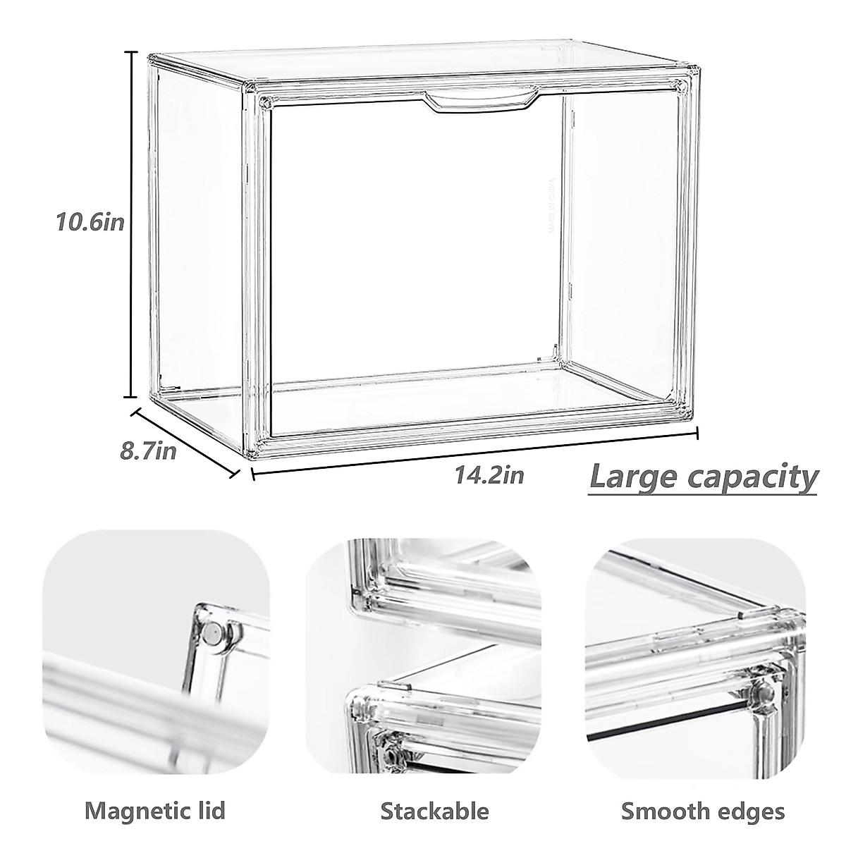 Clear Acrylic Display Case, Stackable Plastic Storage Bins with Magnetic Attraction Lid, Showcase for Cosmetic, Large Figures Collectibles, X-Large