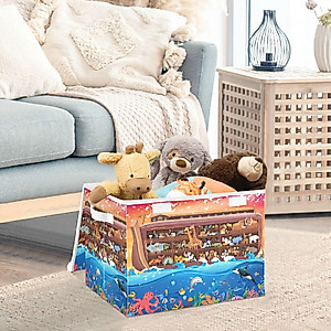 JUNZAN Animals in the Cabin Canvas Storage Containers with Lids Folding Collapsible Storage Bin Cube Storage Organizer for Home Office Large Fabric Toy Bin.