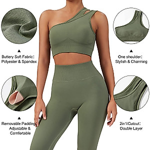 OMKAGI Workout Set for Women 2 Piece Seamless One Shoulder Sports Bra Scrunch Butt Lifting leggings Gym Outfits(M,Army Green)