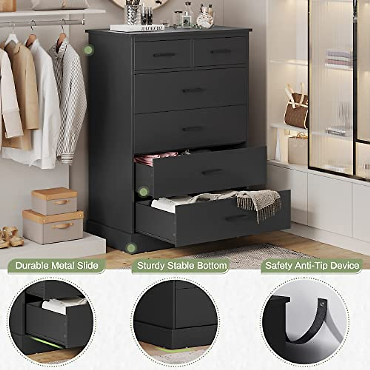 Hasuit 6 Drawer Dresser, Wood Storage Tower Clothes Organizer, Tall Chest of 6 Drawers, Large Storage Cabinet, Black Dresser for Bedroom, Hallway, Entryway