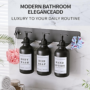 XLHOMO Shampoo and Conditioner Dispenser, Matte Black Body Wash Shower Soap Dispenser Wall Mounted 3 Chamber with Labels Bath Sponge, Drill Free 17oz Plastic Shower Bottles Refillable for Bathroom