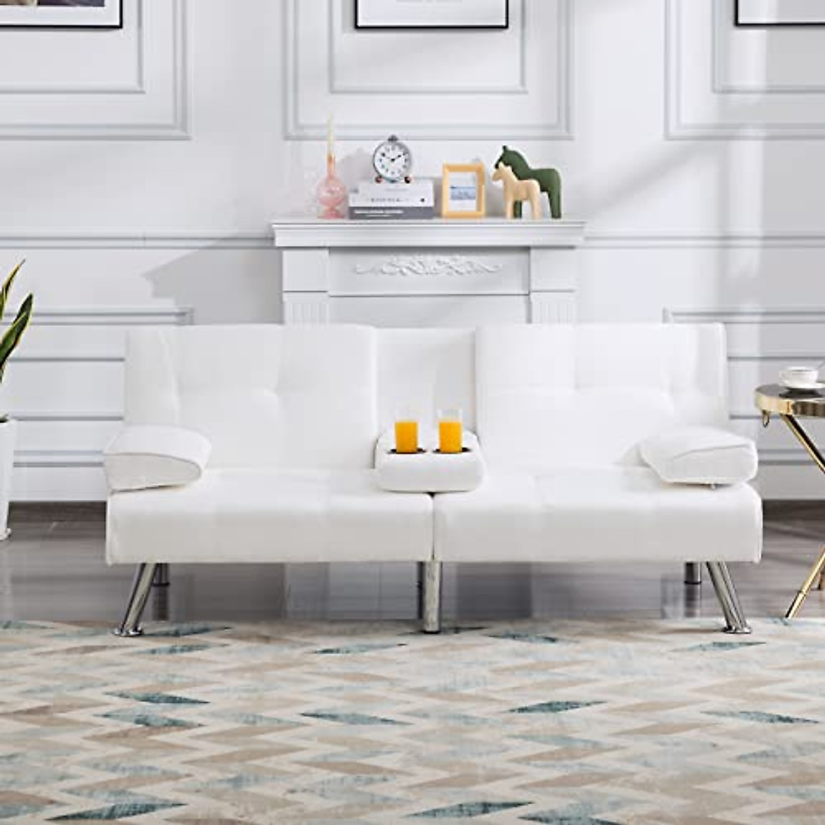 Verfur Convertible Sleeper, White w/ 2 Cupholders and Removable Pillow Top Armrest