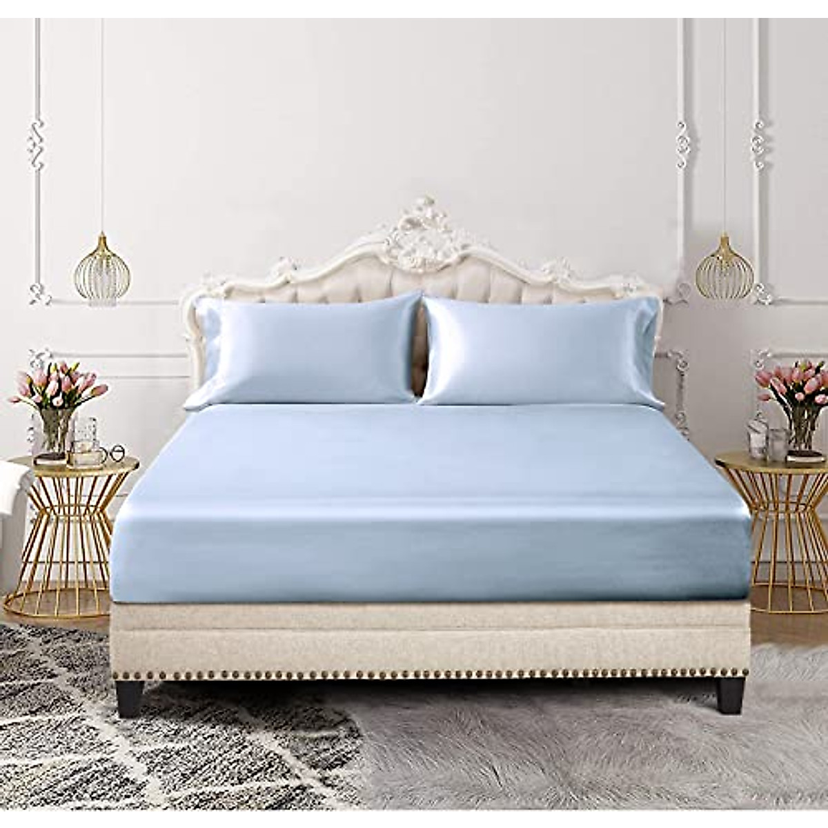 SiinvdaBZX 3-Piece Set Satin Twin Fitted Sheet & 2 Pillowcase, Baby Blue Silky Soft Fitted Bottom Sheet, Wrinkle Free, Fade Resistant, Deep Pocket Bed Sheet (Deep Up to 15")