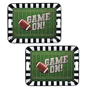 Set of 2 Game On Large Melamine Plastic Football Serving Trays with Handles for Tailgate or Home Party Game Day Fun Serving Platter