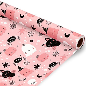 JarThenaAMCS Halloween Wrapping Paper - Mini Roll - 17 Inch x 32.8 Ft Ghost Spider Bat Gift Wrap Paper Pink Art Paper for DIY Crafts Home Party Supplies