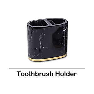 5-Piece Bathroom Counter Top Accessory Set - Dispenser for Liquid Soap or Lotion, Soap Dish, Toothbrush Holder and 2 Tumblers, Gold Base, Marble Pattern Resin, Ink Black